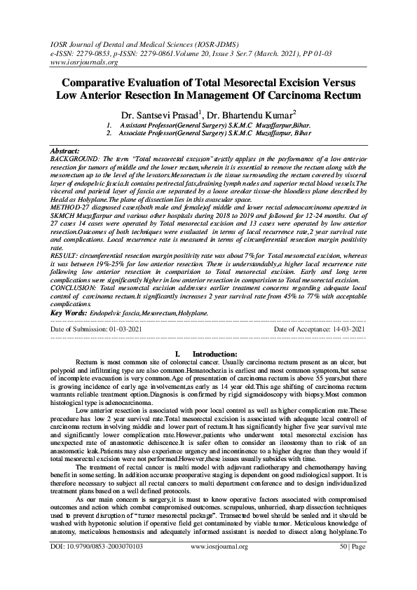 (PDF) Comparative Evaluation of Total Mesorectal Excision Versus Low ...