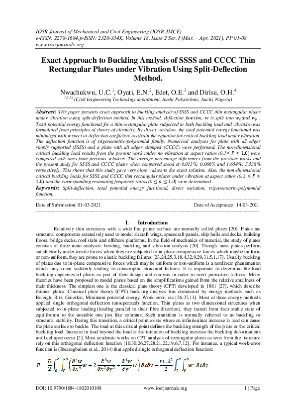 Pdf Exact Approach To Buckling Analysis Of Ssss And Cccc Thin Rectangular Plates Under