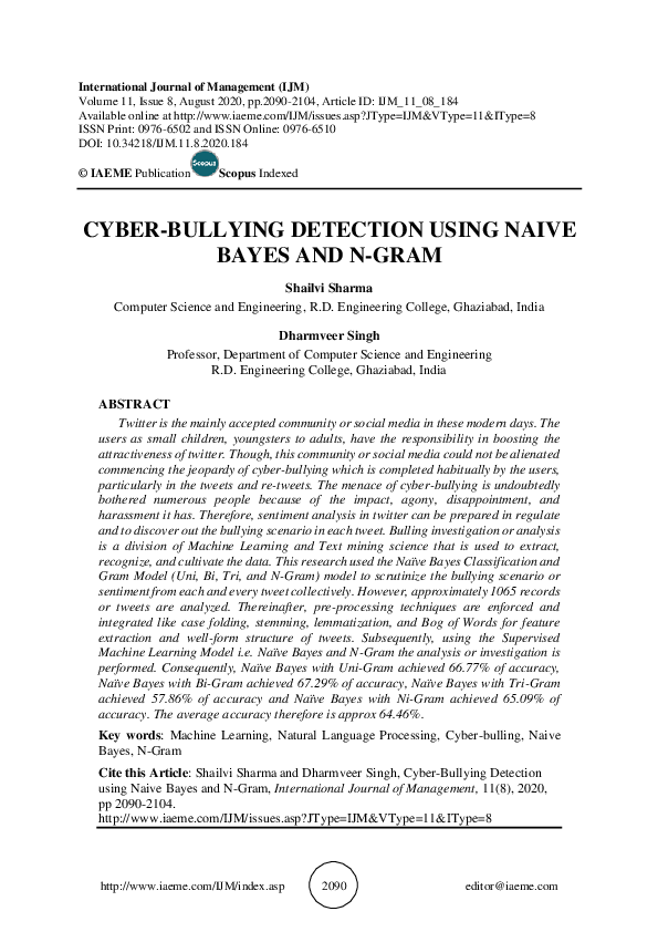 (PDF) CYBER-BULLYING DETECTION USING NAIVE BAYES AND N-GRAM