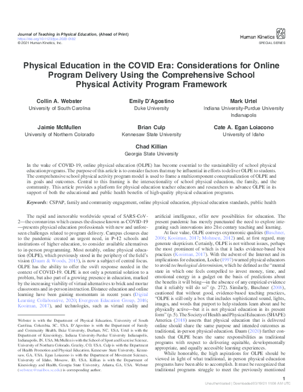 (PDF) Physical Education in the COVID Era: Considerations for Online ...