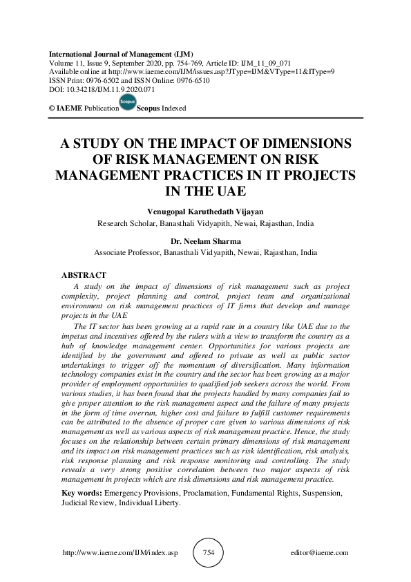 (PDF) A STUDY ON THE IMPACT OF DIMENSIONS OF RISK MANAGEMENT ON RISK ...
