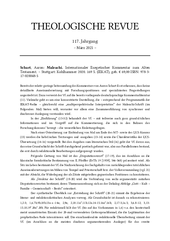 (PDF) zu: Aaron Schart, Maleachi (IEKAT; Stuttgart 2020)