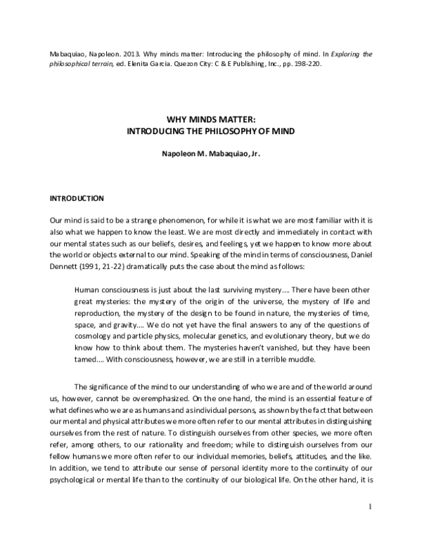 (PDF) Why Minds Matter: Introducing the Philosophy of Mind