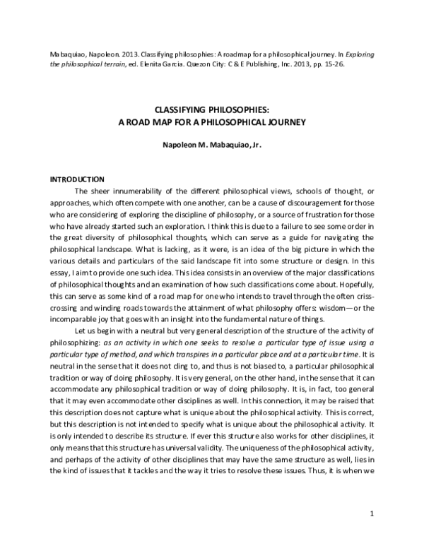 (PDF) Classifying Philosophies: A Road Map for a Philosophical Journey