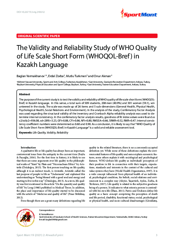 (PDF) The Validity and Reliability Study of WHO Quality of Life Scale ...