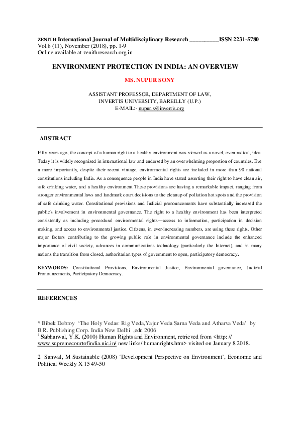 (PDF) ENVIRONMENT PROTECTION IN INDIA: AN OVERVIEW