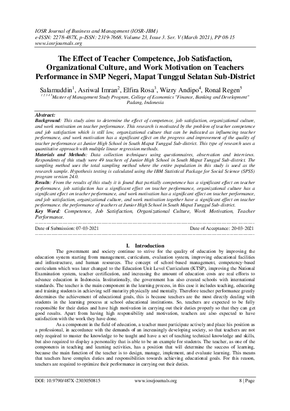 (PDF) The Effect of Teacher Competence, Job Satisfaction, Organizational Culture, and Work ...
