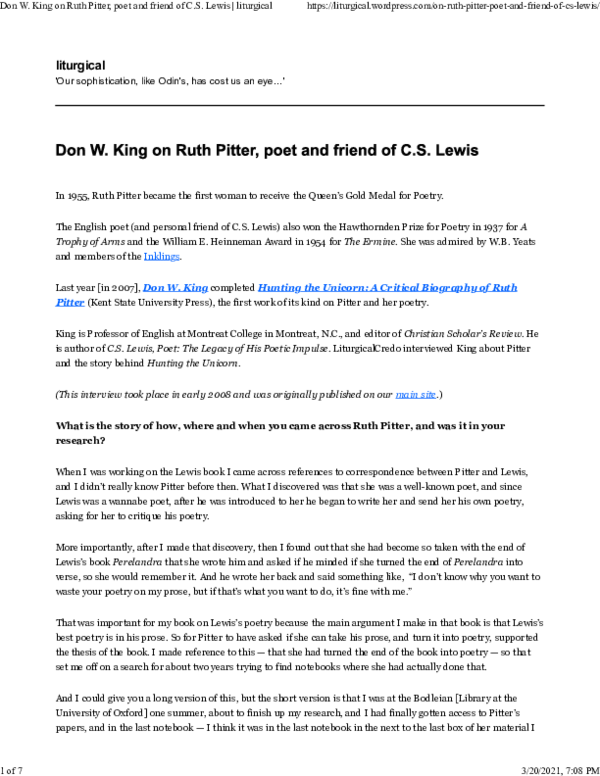 (PDF) Don W. King on Ruth Pitter, poet and friend of C.S