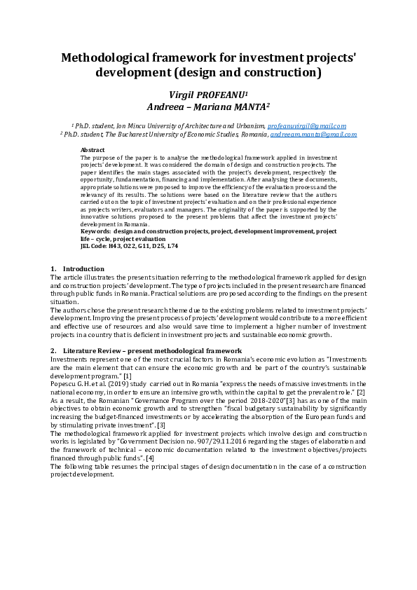 (PDF) Methodological framework for investment projects' development (design and construction