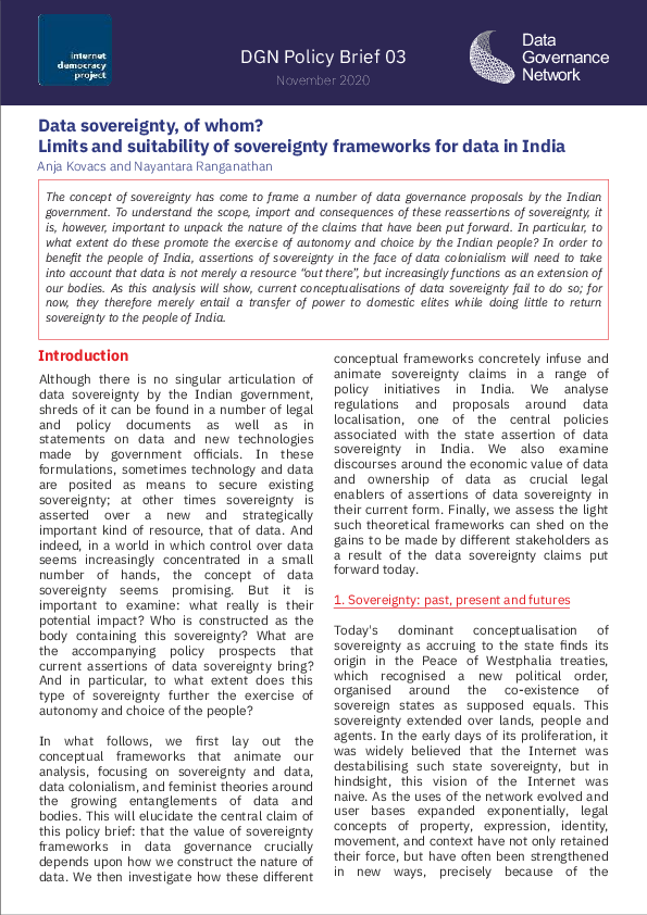 (PDF) Data Sovereignty, of Whom? Limits and Suitability of Sovereignty Frameworks for Data in India