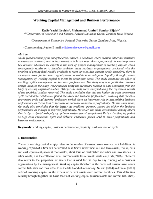 (PDF) Working Capital Management and Business Performance