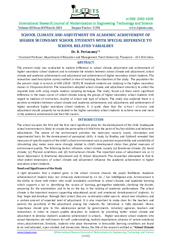 (PDF) SCHOOL CLIMATE AND ADJUSTMENT ON ACADEMIC ACHIEVEMENT OF HIGHER SECONDARY SCHOOL STUDENTS ...