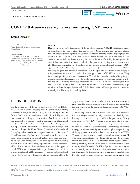 (PDF) COVID-19 disease severity assessment using CNN model