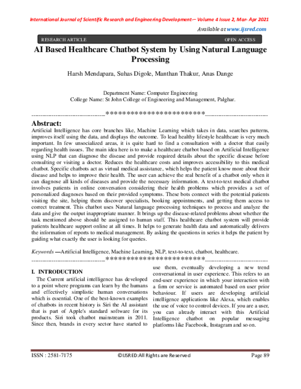(PDF) AI Based Healthcare Chatbot System by Using Natural Language Processing