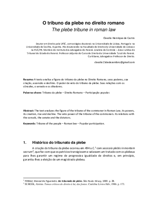 (PDF) O tribuno da plebe no direito romano The plebe tribune in roman law