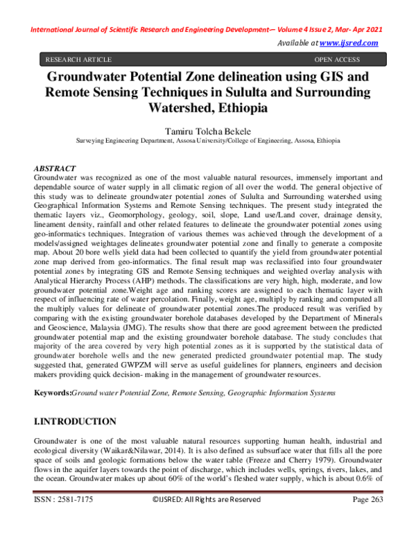 Pdf Groundwater Potential Zone Delineation Using Gis And Remote Sensing Techniques In Sululta