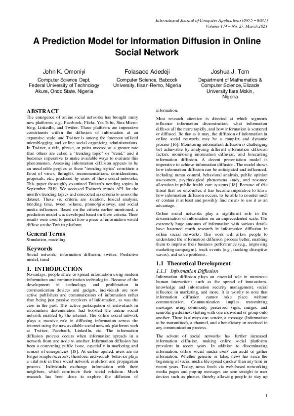 Pdf A Prediction Model For Information Diffusion In Online Social Network