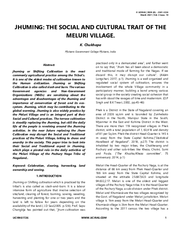 (PDF) JHUMING: THE SOCIAL AND CULTURAL TRAIT OF THE MELURI VILLAGE