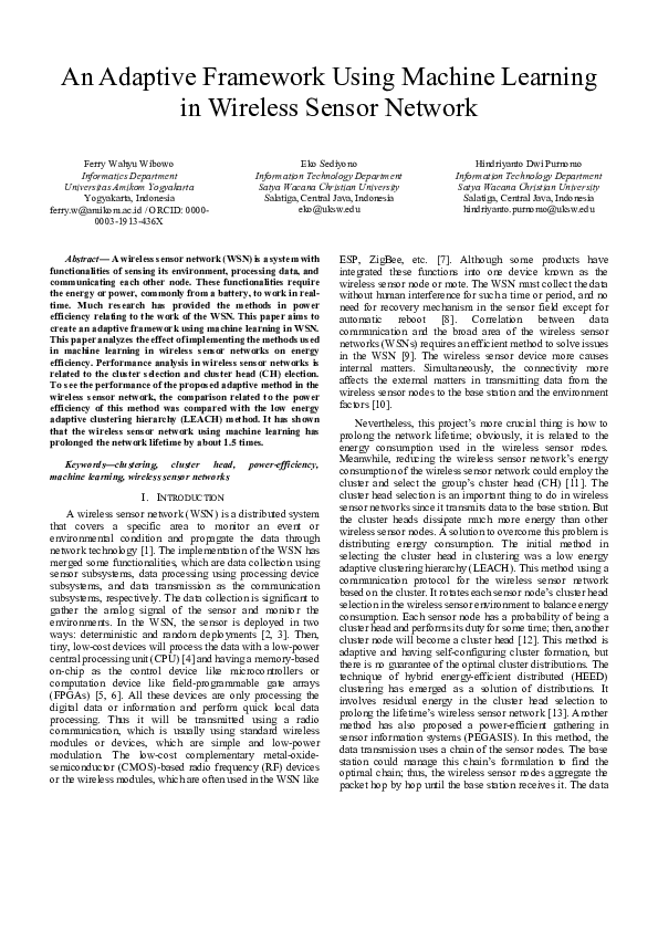 Pdf An Adaptive Framework Using Machine Learning In Wireless Sensor Network