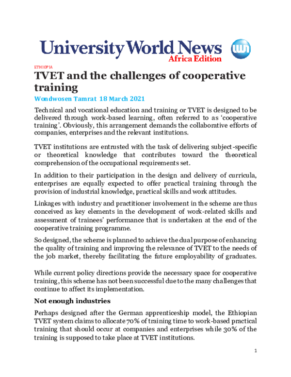 (PDF) TVET and the challenges of cooperative training