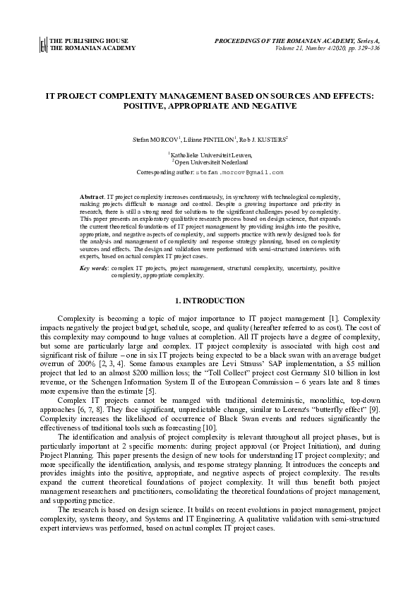 (PDF) IT Project Complexity Management Based on Sources and Effects: Positive, Appropriate and ...
