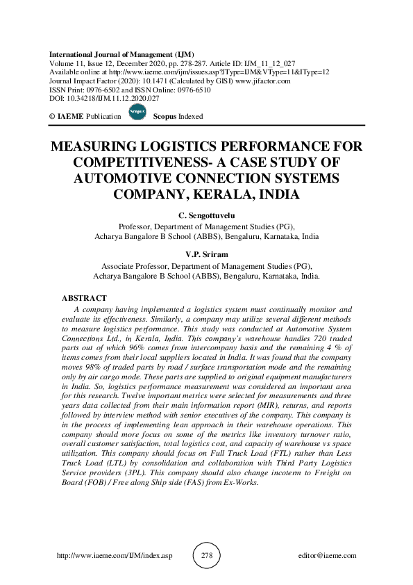 (PDF) MEASURING LOGISTICS PERFORMANCE FOR COMPETITIVENESS- A CASE STUDY ...