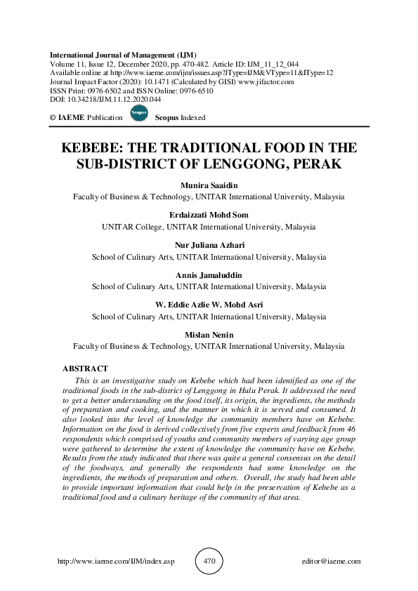(PDF) KEBEBE: THE TRADITIONAL FOOD IN THE SUB-DISTRICT OF LENGGONG, PERAK