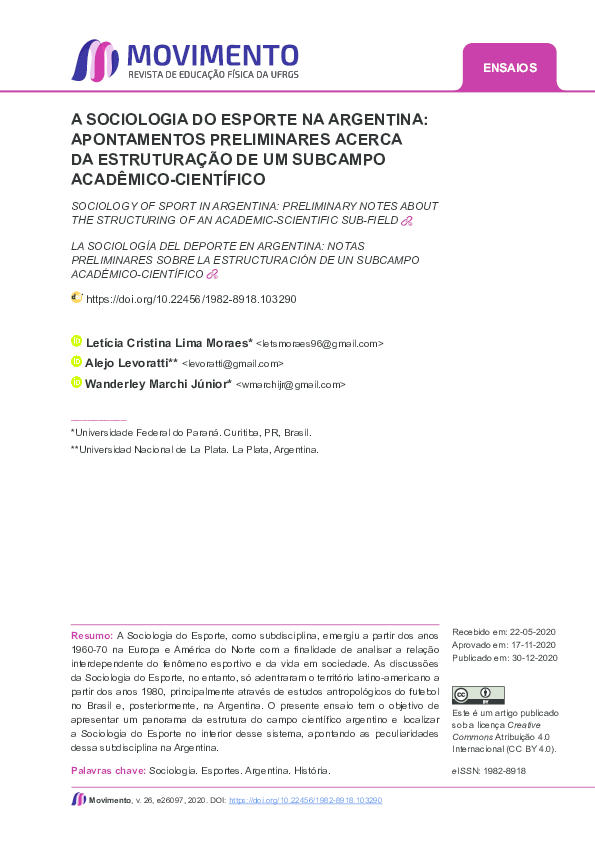 Pdf A Sociologia Do Esporte Na Argentina Apontamentos Preliminares
