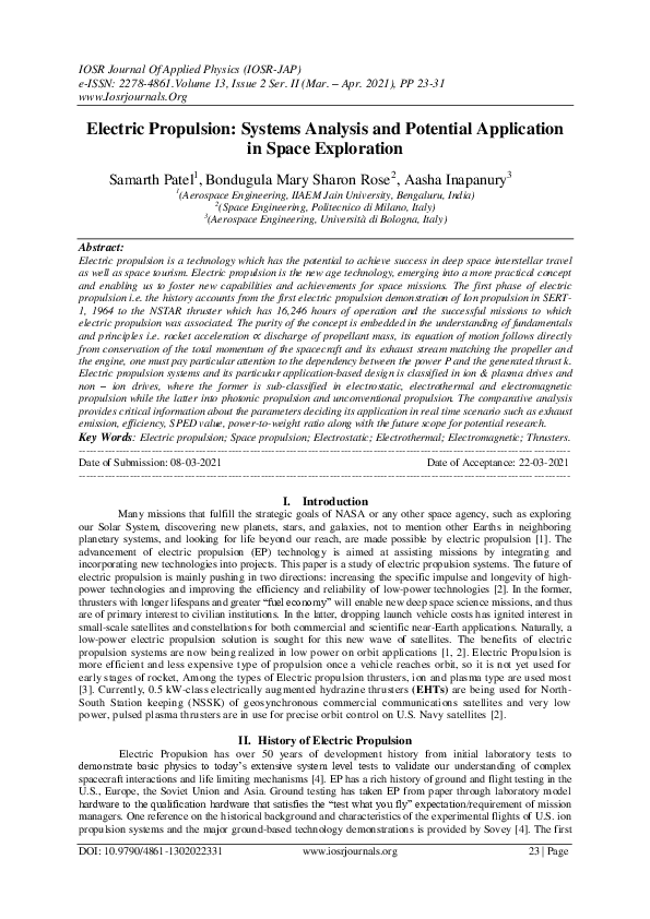 (PDF) Electric Propulsion: Systems Analysis and Potential Application in Space Exploration