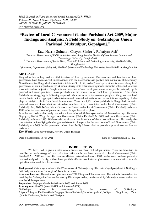 (PDF) "Review of Local Government (Union Parishad) Act-2009, Major ...