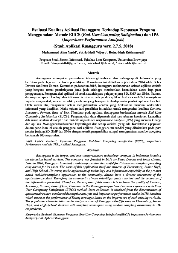 Pdf Evaluasi Kualitas Aplikasi Ruangguru Terhadap Kepuasan Penguna Menggunakan Metode Eucs