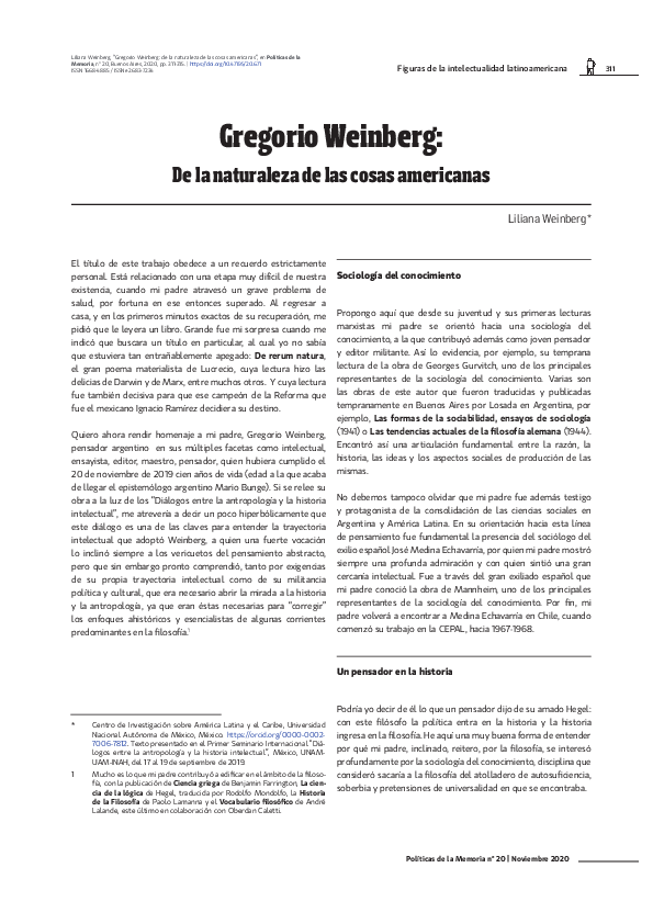(PDF) Figuras de la intelectualidad latinoamericana: Gregorio Weinberg ...