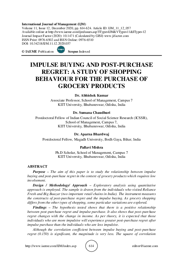 (PDF) IMPULSE BUYING AND POST-PURCHASE REGRET: A STUDY OF SHOPPING ...