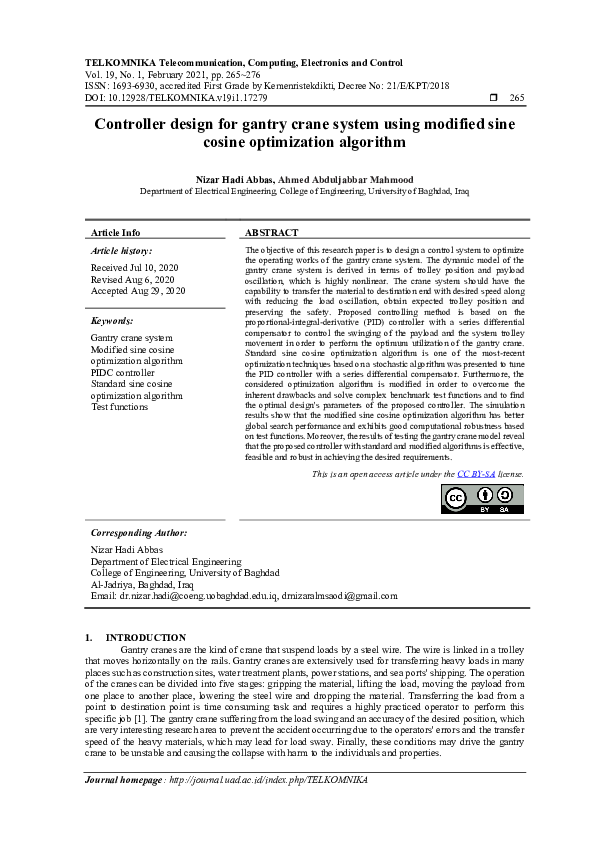Pdf Controller Design For Gantry Crane System Using Modified Sine