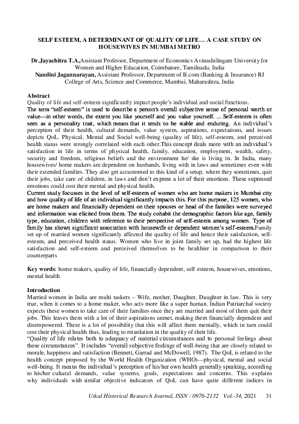 (PDF) SELF ESTEEM, A DETERMINANT OF QUALITY OF LIFE… A CASE STUDY ON ...