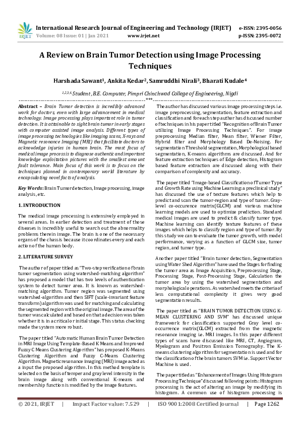 Pdf Irjet A Review On Brain Tumor Detection Using Image Processing