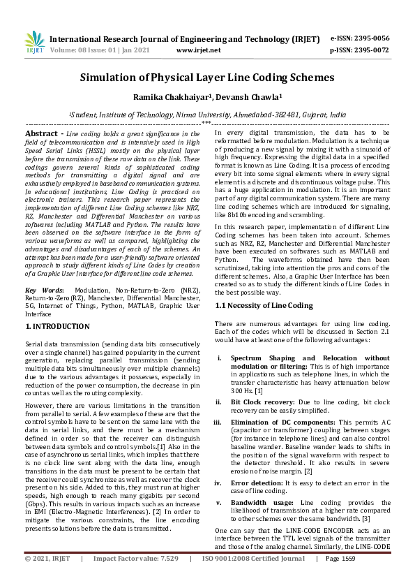 (PDF) IRJET- Simulation of Physical Layer Line Coding Schemes