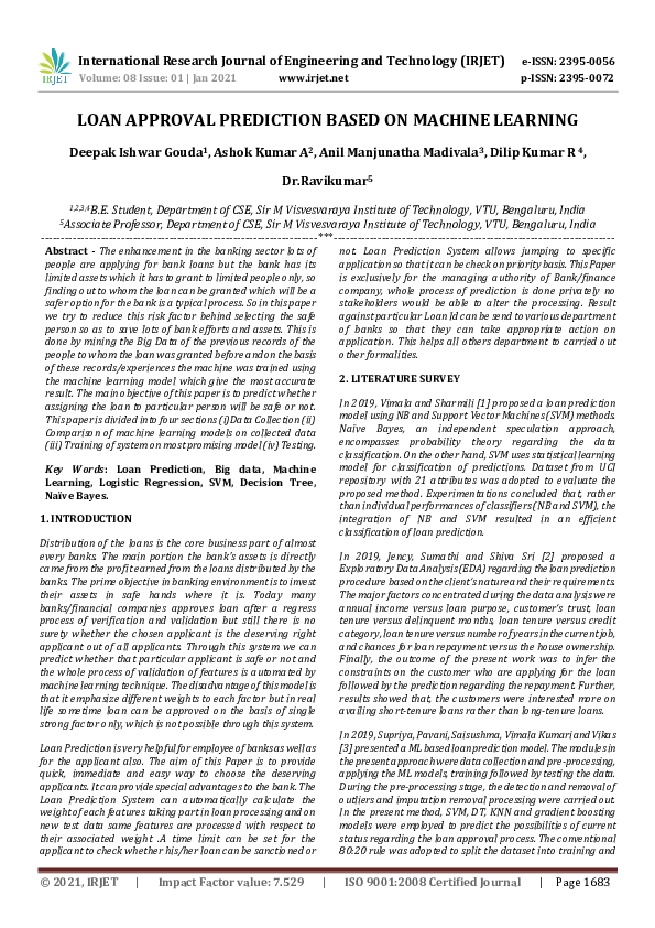 (PDF) IRJET- LOAN APPROVAL PREDICTION BASED ON MACHINE LEARNING