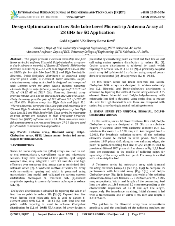 (PDF) IRJET- Design Optimization of Low Side Lobe Level Microstrip Antenna Array at 28 GHz for ...