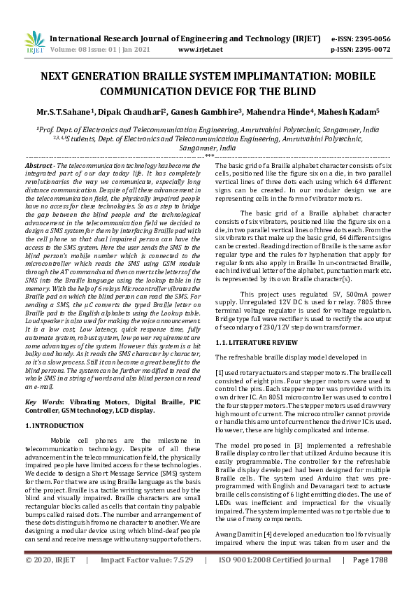 (PDF) IRJET- NEXT GENERATION BRAILLE SYSTEM IMPLIMANTATION: MOBILE COMMUNICATION DEVICE FOR THE ...