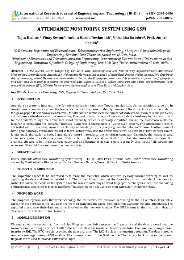 (PDF) IRJET- ATTENDANCE MONITORING SYSTEM USING GSM