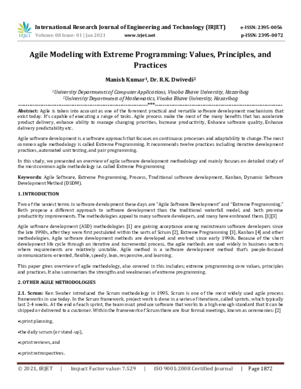 (PDF) IRJET- Agile Modeling with Extreme Programming: Values, Principles, and Practices