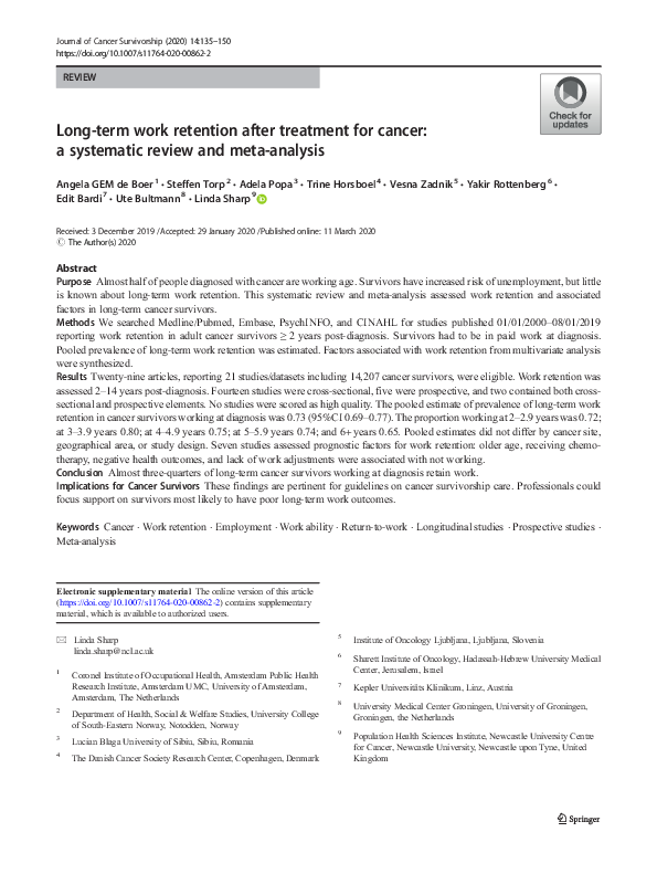 Pdf Long Term Work Retention In Cancer Survivors A Meta Analysis