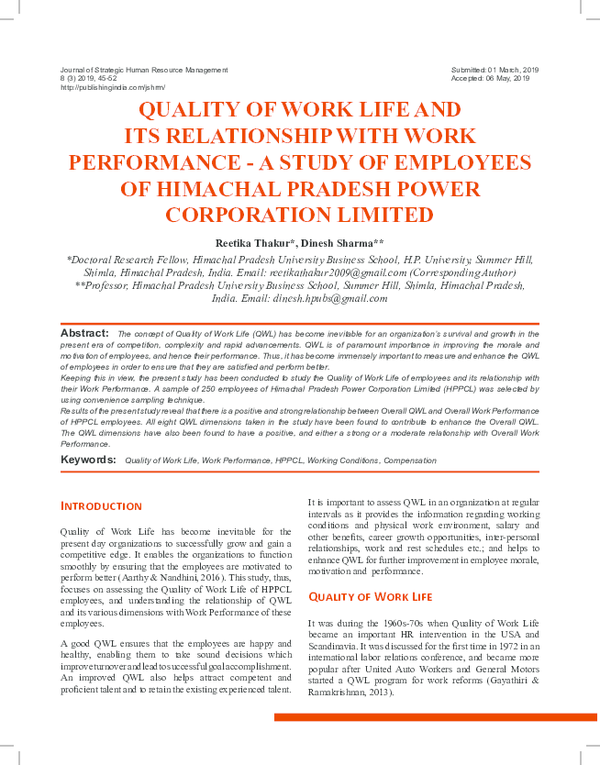 (PDF) Quality of Work Life and its Relationship with Work Performance ...