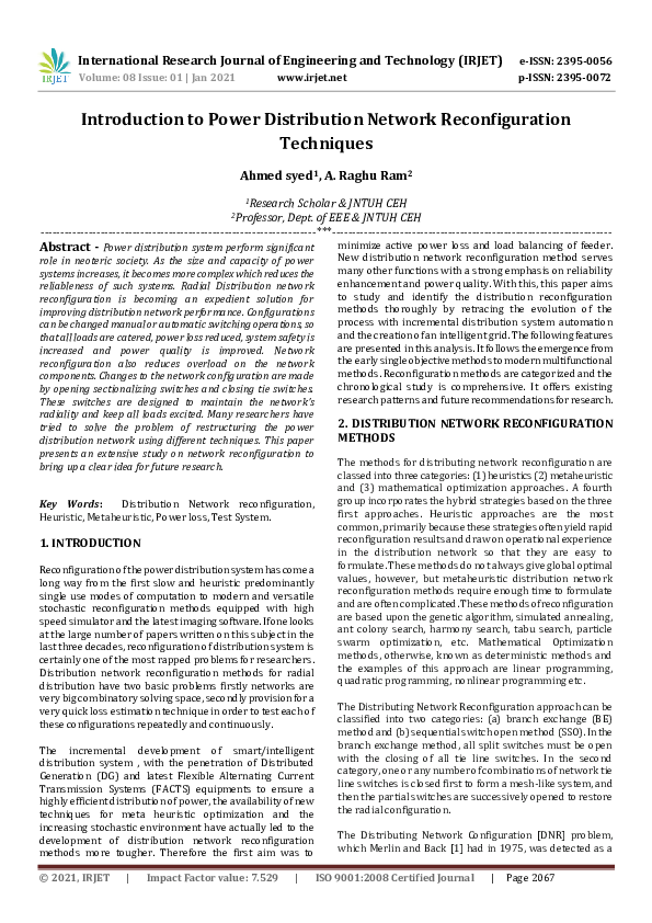 Pdf Irjet Introduction To Power Distribution Network Reconfiguration Techniques Irjet