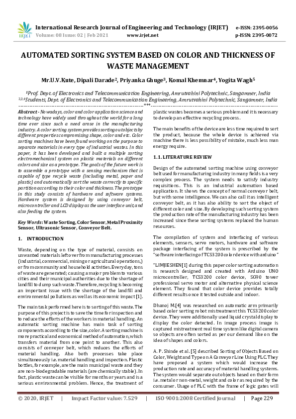 (PDF) IRJET- AUTOMATED SORTING SYSTEM BASED ON COLOR AND THICKNESS OF ...