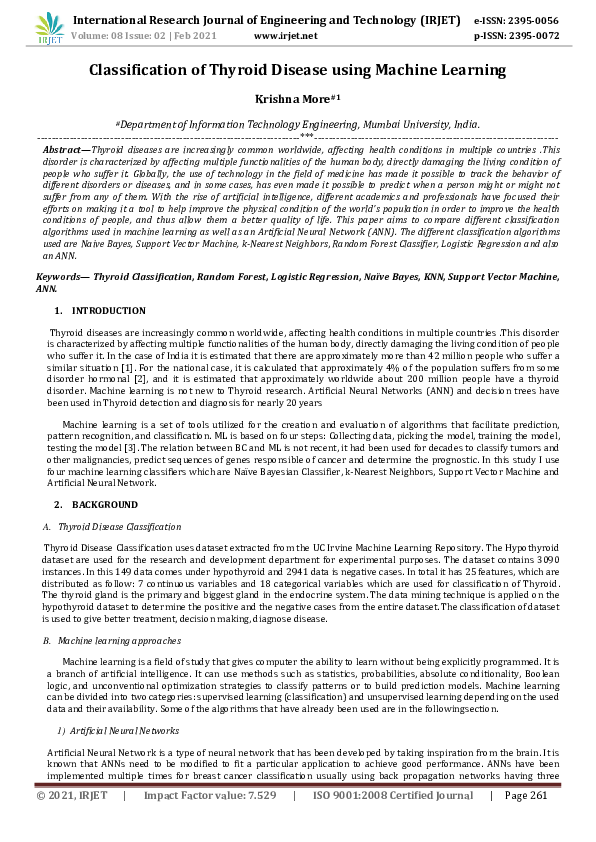 (PDF) IRJET- Classification of Thyroid Disease using Machine Learning