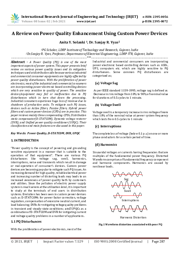 (PDF) IRJET- A Review on Power Quality Enhancement Using Custom Power Devices