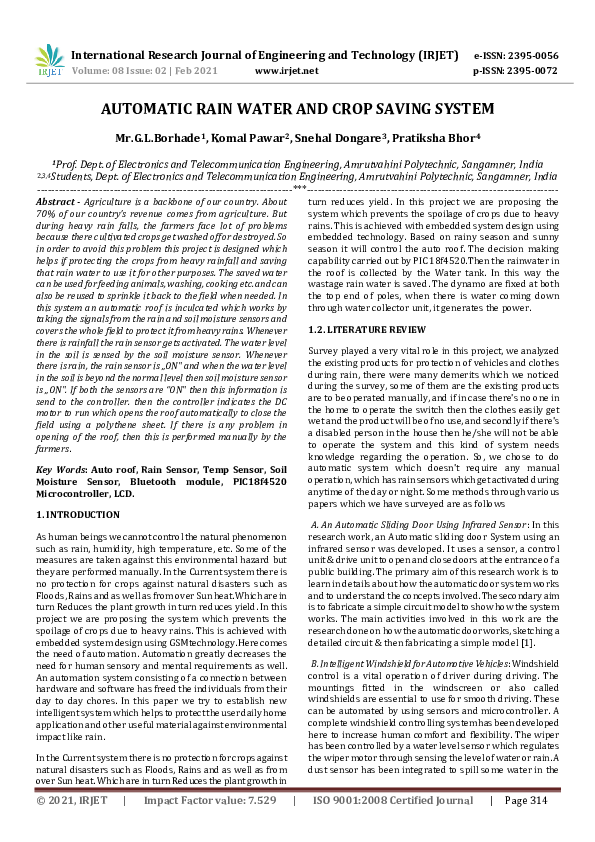 (PDF) IRJET- AUTOMATIC RAIN WATER AND CROP SAVING SYSTEM
