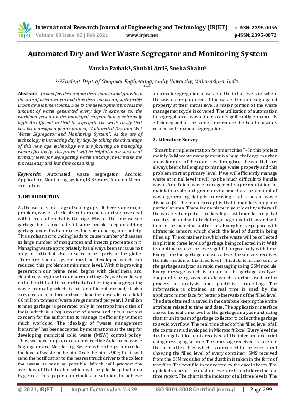 (PDF) IRJET- `Automated Dry and Wet Waste Segregator and Monitoring System